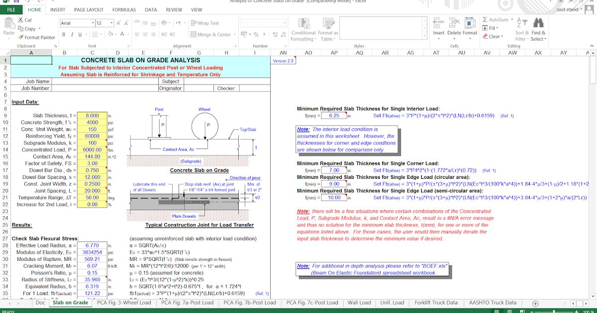 Analysis of Concrete Slabs on Grade by excel sheet - الشامل