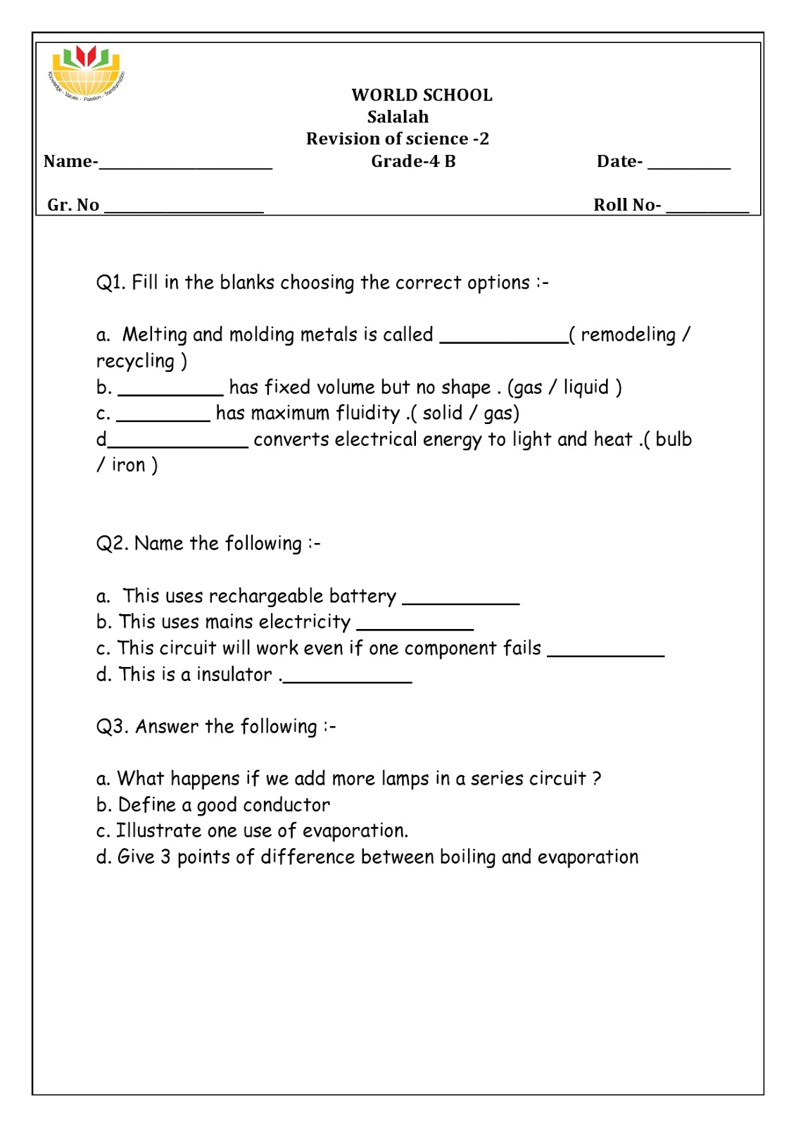 Birla World School Oman: Homework for Grade 4 as on 05/02/2018