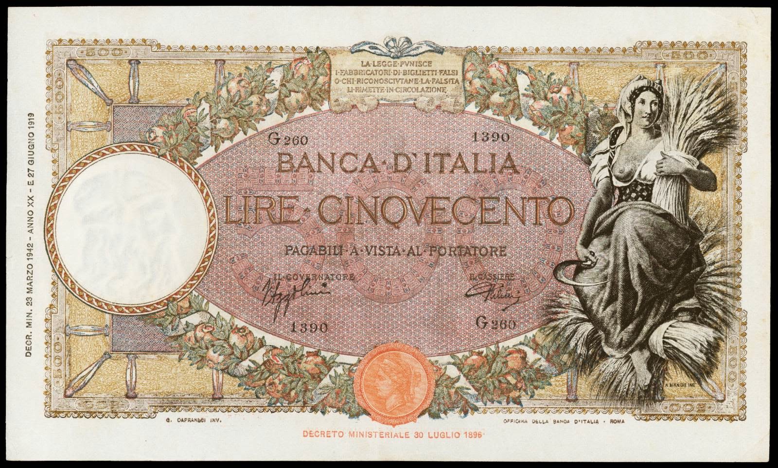 Italy 500 Lire 1942|World Banknotes & Coins Pictures | Old Money ...