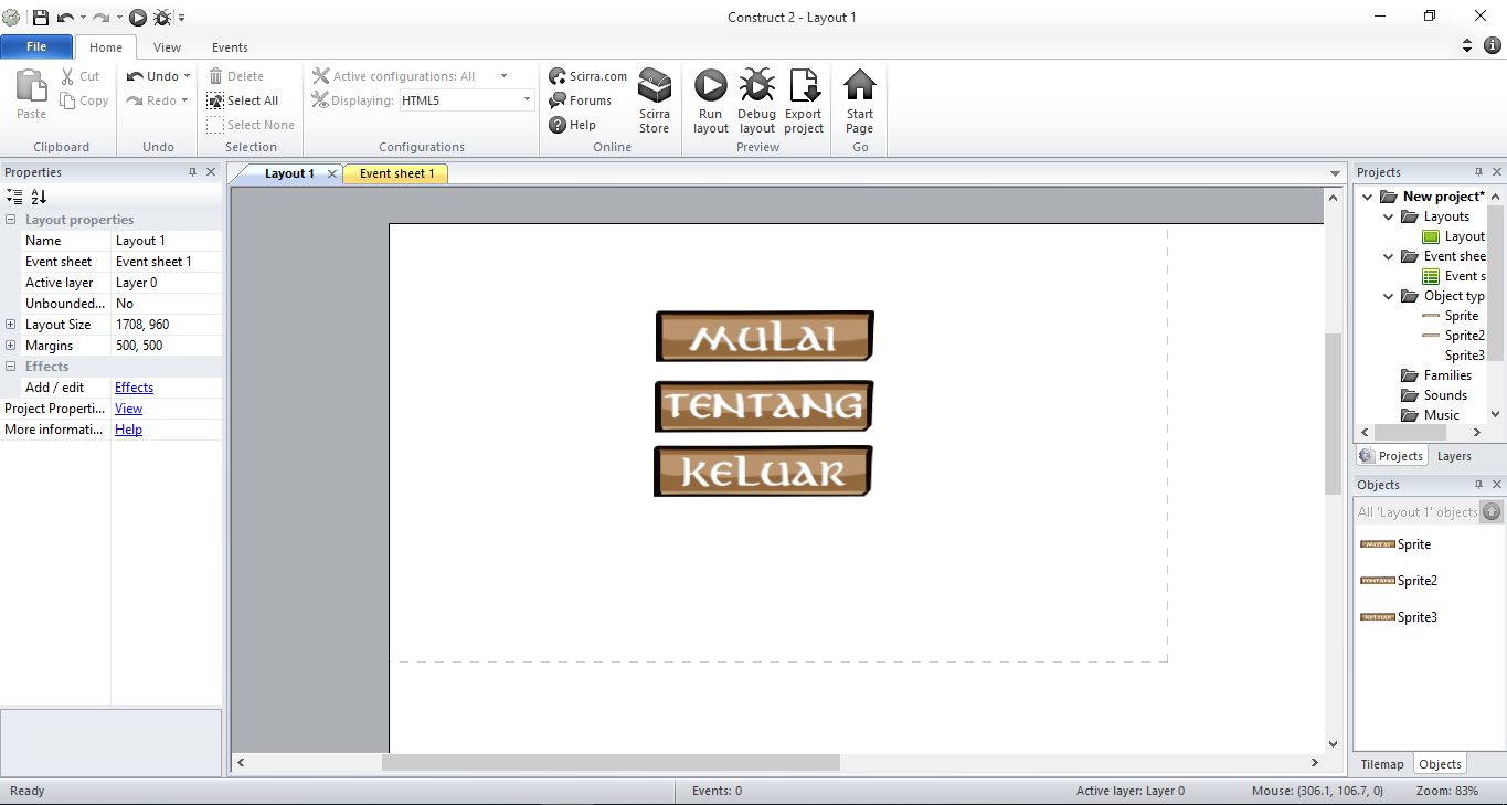 Cara Membuat menu pada Construct 2 Bagi Pemula - Asep Zaenuri