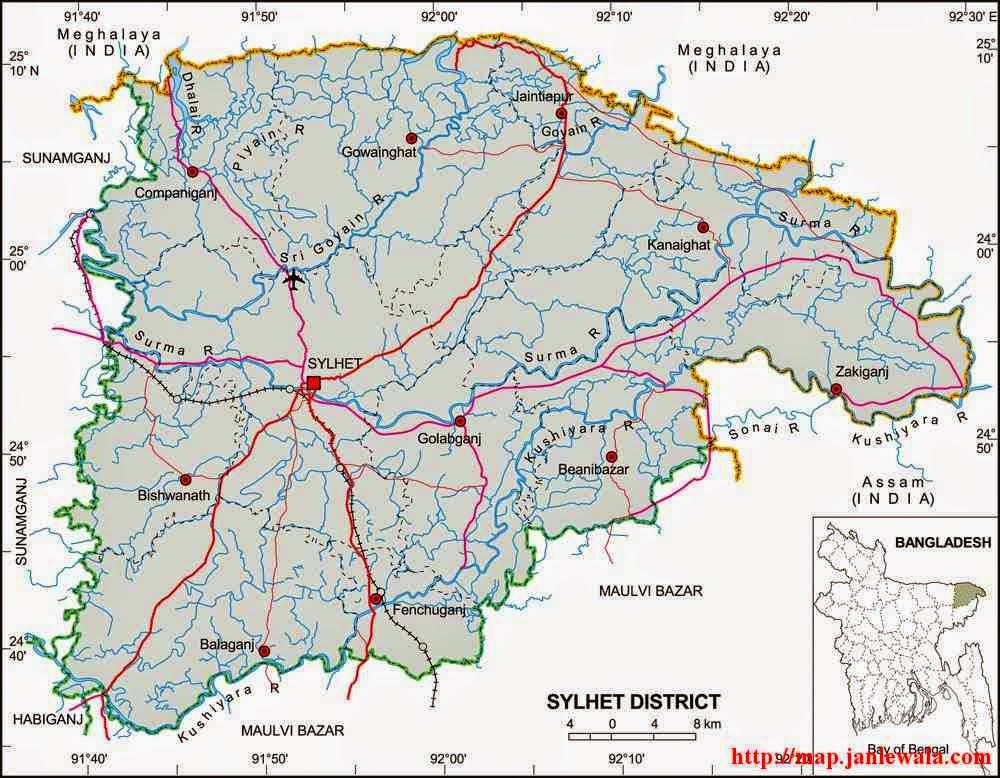 Sylhet Zila Map, Sylhet Division, Bangladesh