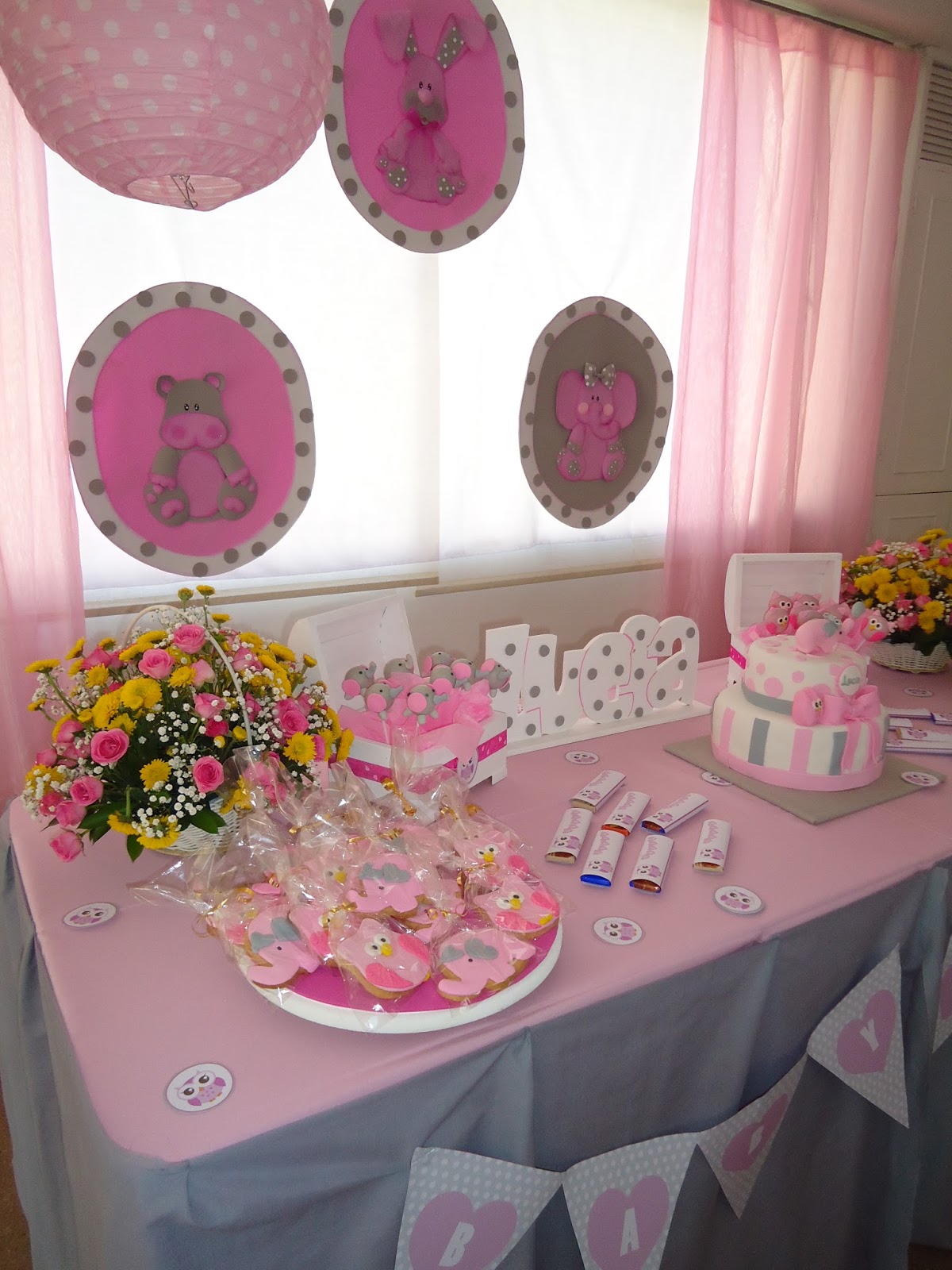 Beula decoraciones, decoracion de eventos tematicos e infantiles: Baby shower niña Rosado y Gris