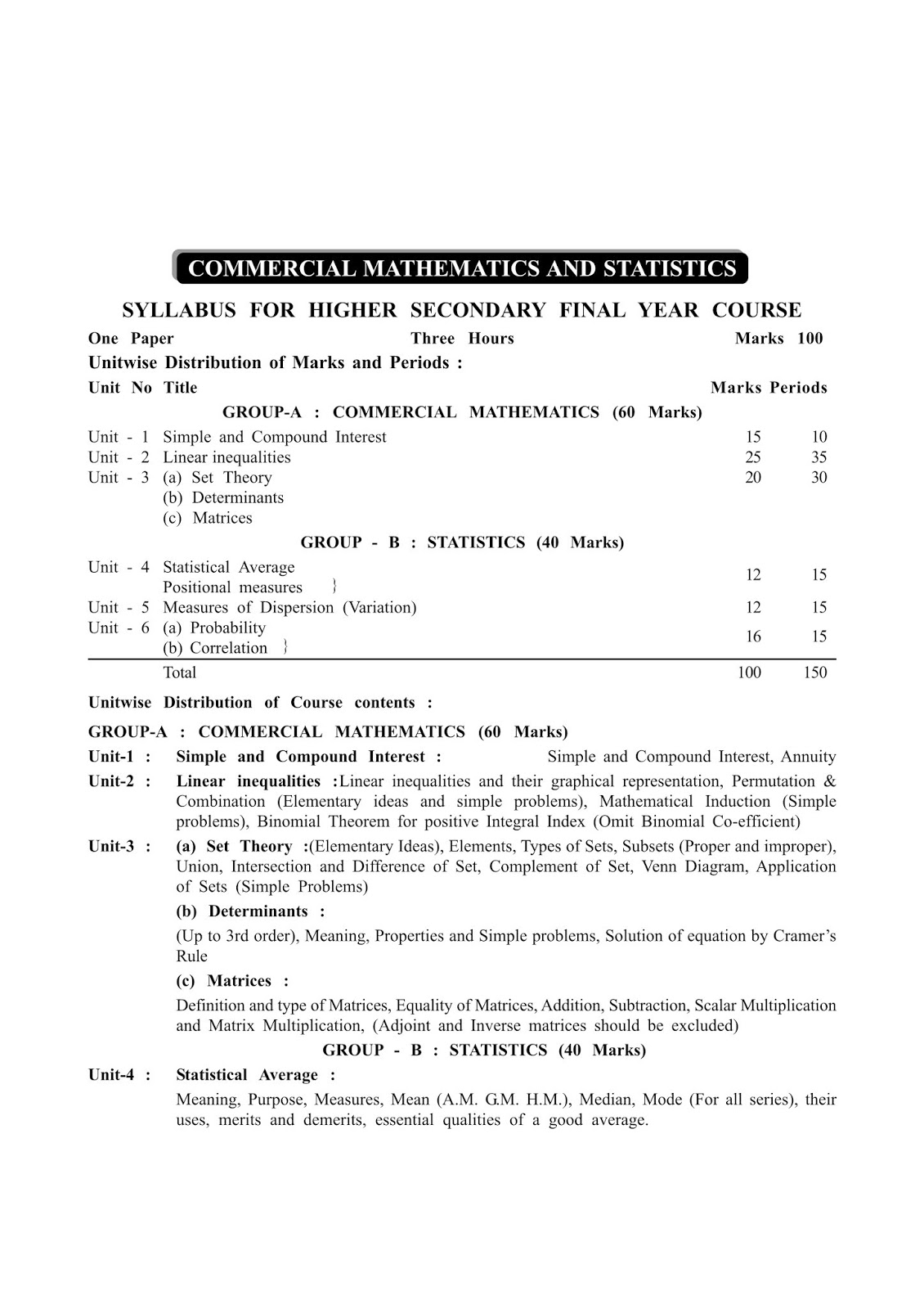 AHSEC CLASS 12 SYLLABUS: COMMERCIAL MATHEMATICS AND STATISTICS ...