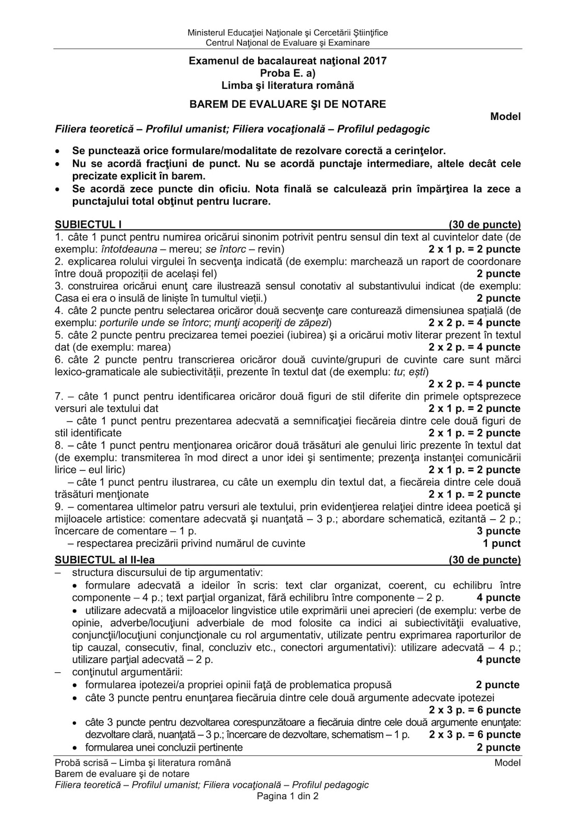 Model oficial examen Bacalaureat Limba română- Profil uman - Ajutorul ...