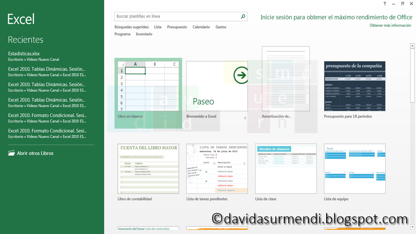 La Pantalla de Inicio de Excel 2013.