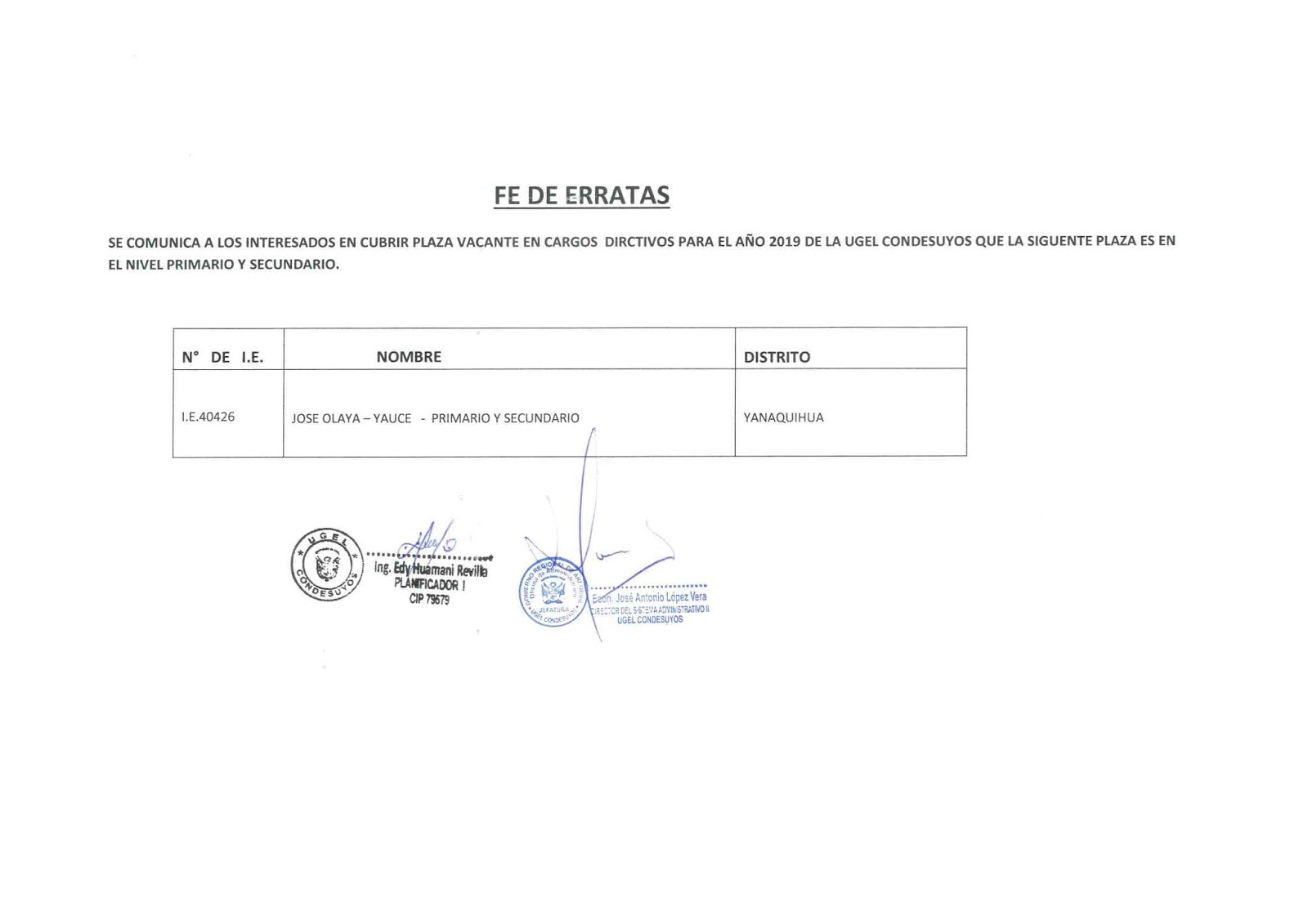 UGEL CONDESUYOS: FE DE ERRATAS
