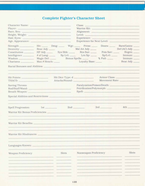 2nd Ed A&D Fighter Character Sheet - Jade Gaming News
