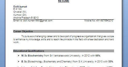 M.Sc Biochemistry Fresher Resume Format in Word Free Downlaod