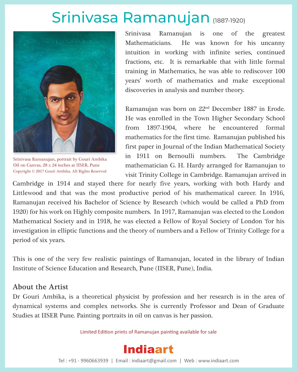 Limited Edition Print of Srinivasa Ramanujan portrait now available