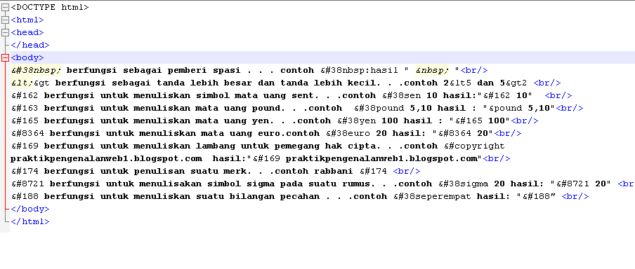 pengenalan web: Latihan 3 Symbol-symbol HTML