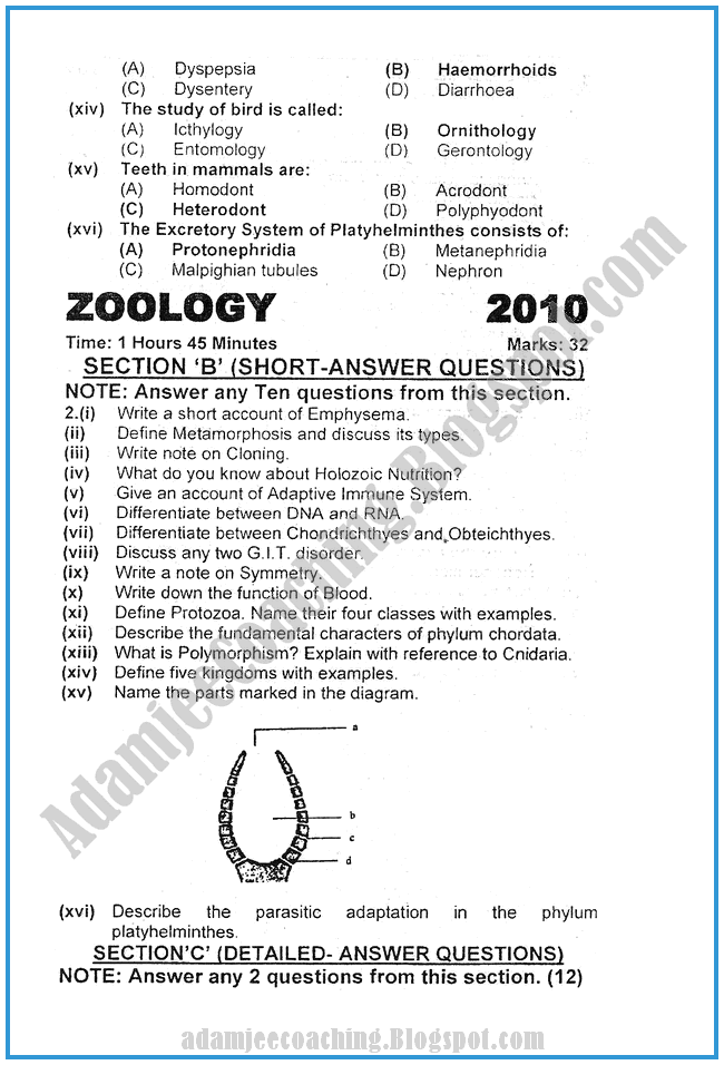 Adamjee Coaching: Zoology 2010 - Past Year Paper - Class XI