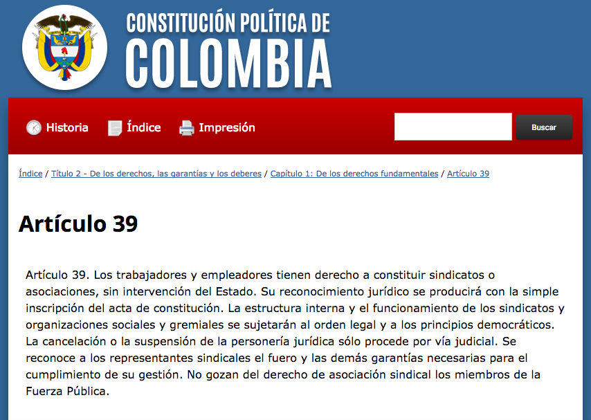 Desarrollo Sindical : ARTICULO 39 DE LA CONSTITUCION POLITICA DE COLOMBIA