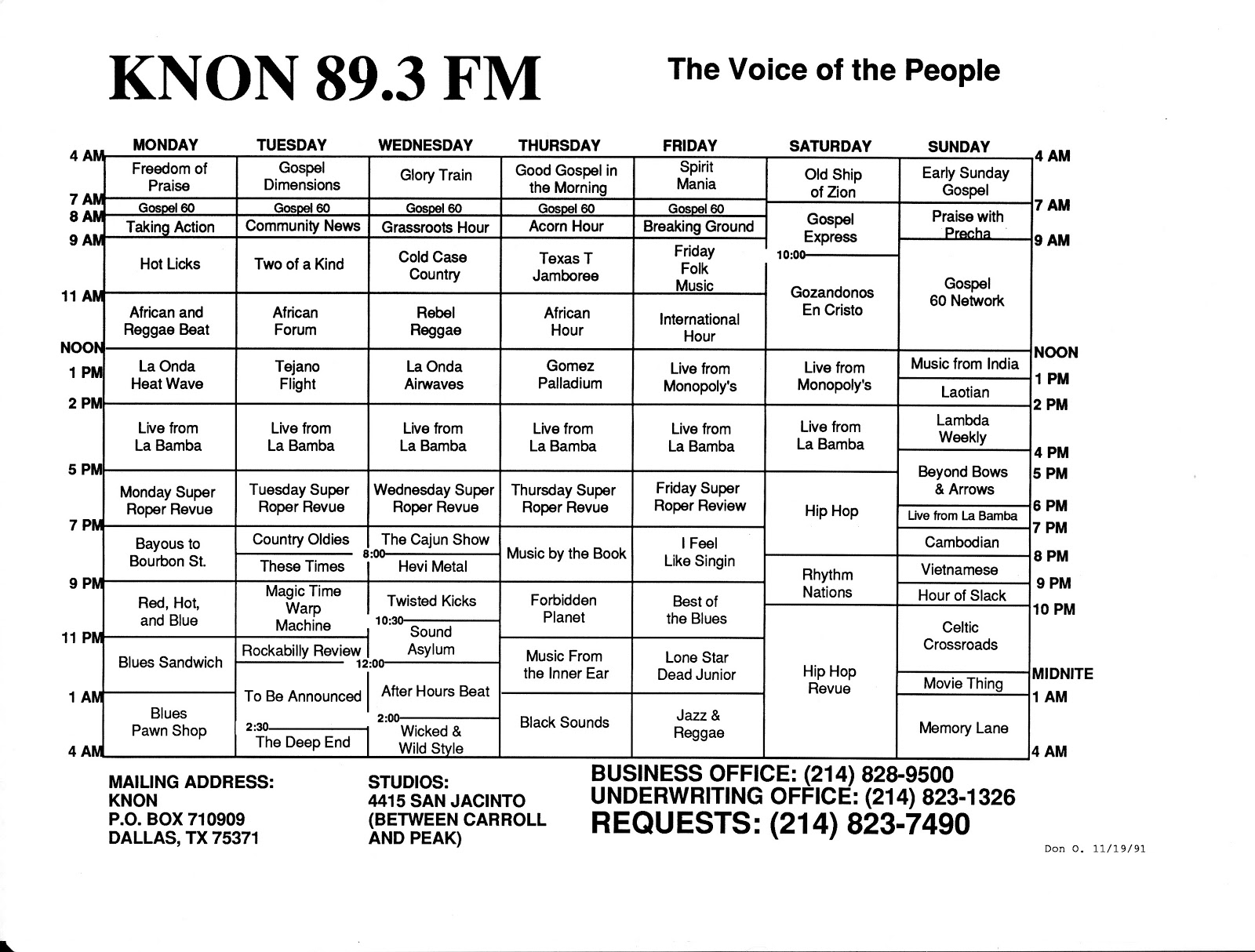 The History of KNON 89.3 FM in Dallas, Texas: KNON program schedules, 1991