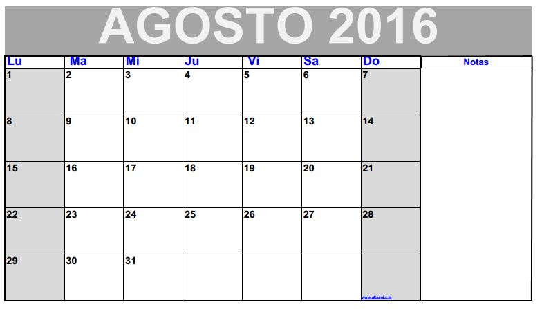 calendario Agosto 2016 para imprimir gratis | 2016 Blank Calendar ...