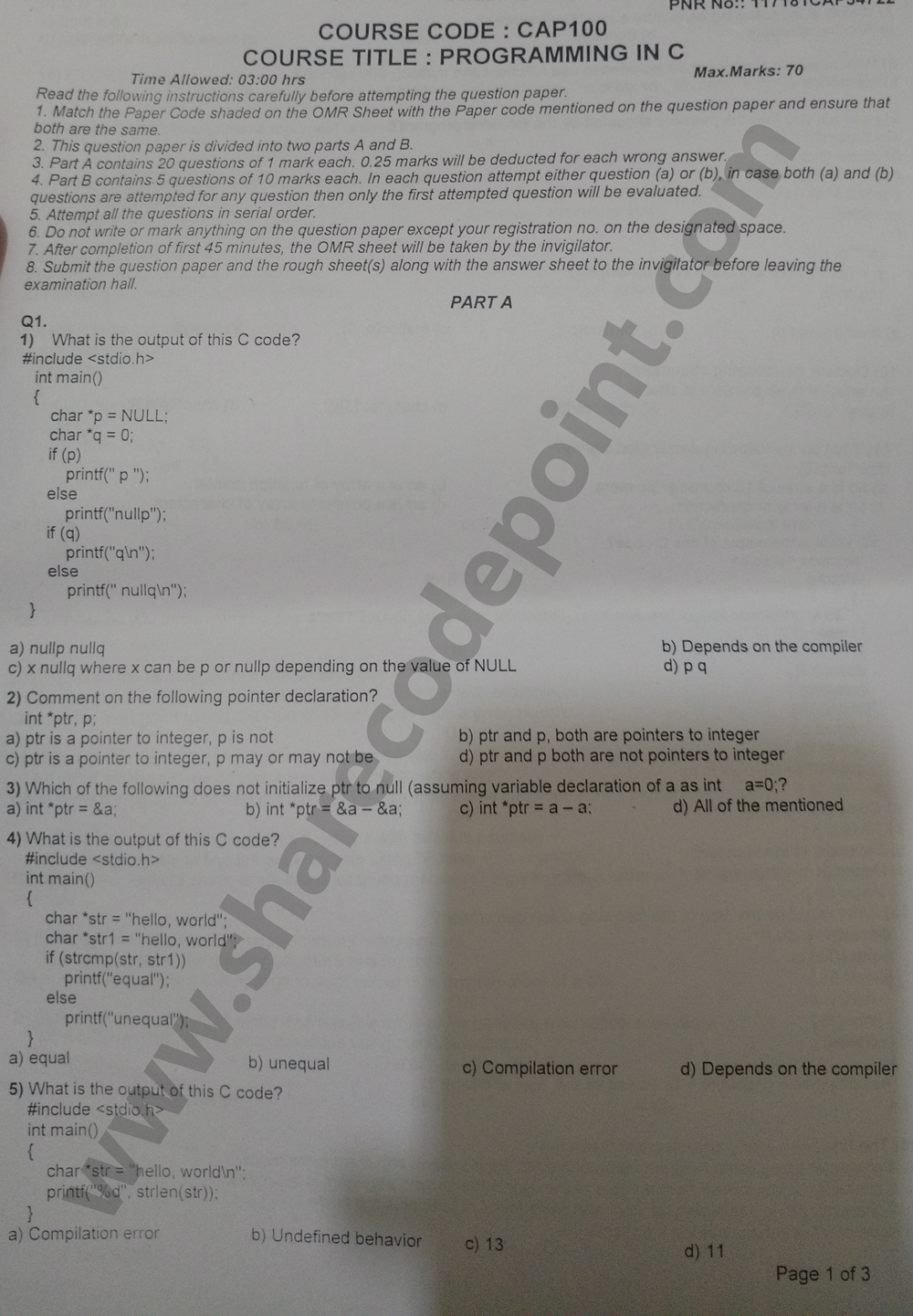 Cap100 Programming In C End Term Exam Question Paper Cap 100 Lpu Question Paper