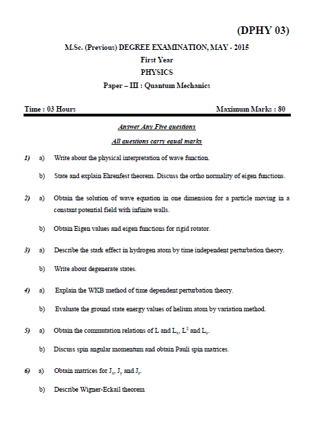 ANU M.Sc Physics Paper III Quantum Mechanics 2015 Question Paper ...