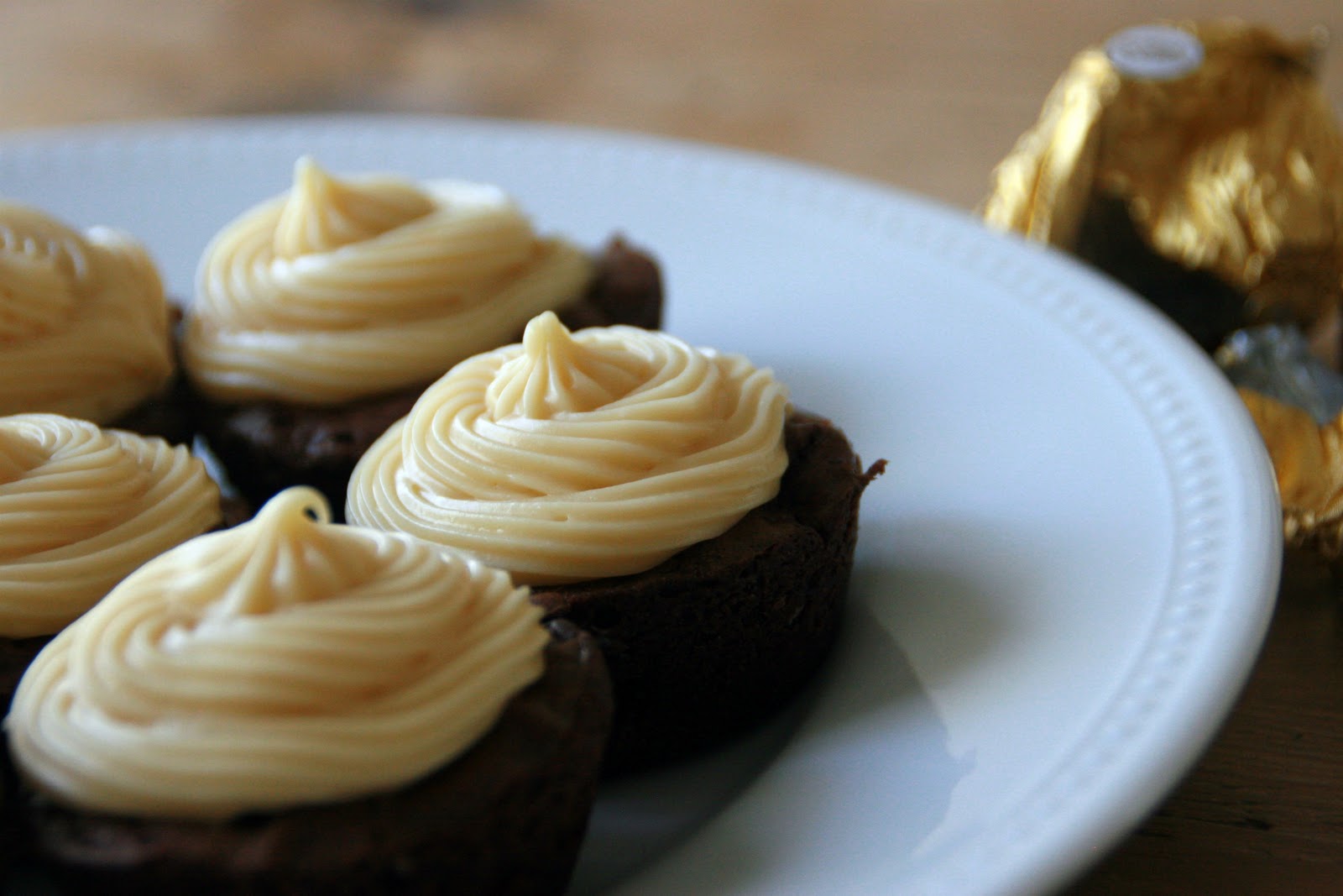 Ferrero Rocher Brownie Bites with Caramel-Cream Cheese Icing