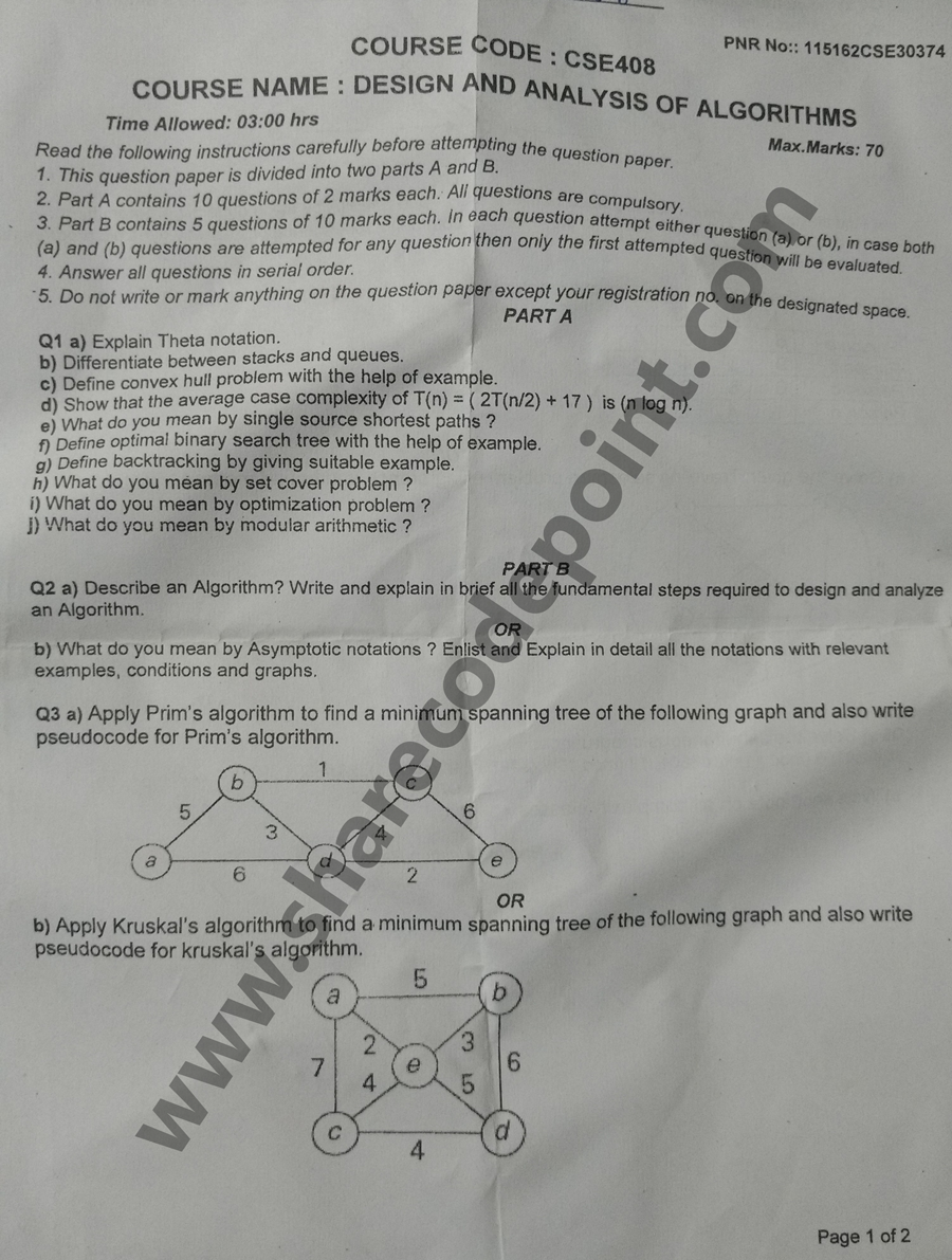 Cse408 Design And Analysis Of Algorithms End Term Exam Question Paper