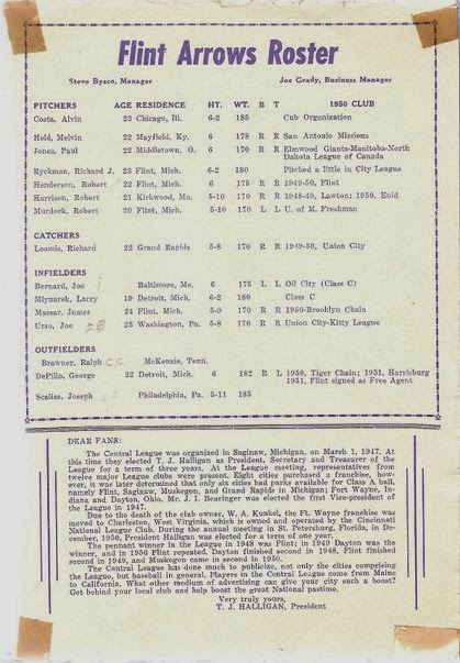 Baseball Programs: Flint Baseball: Arrows (Central League, 1951)