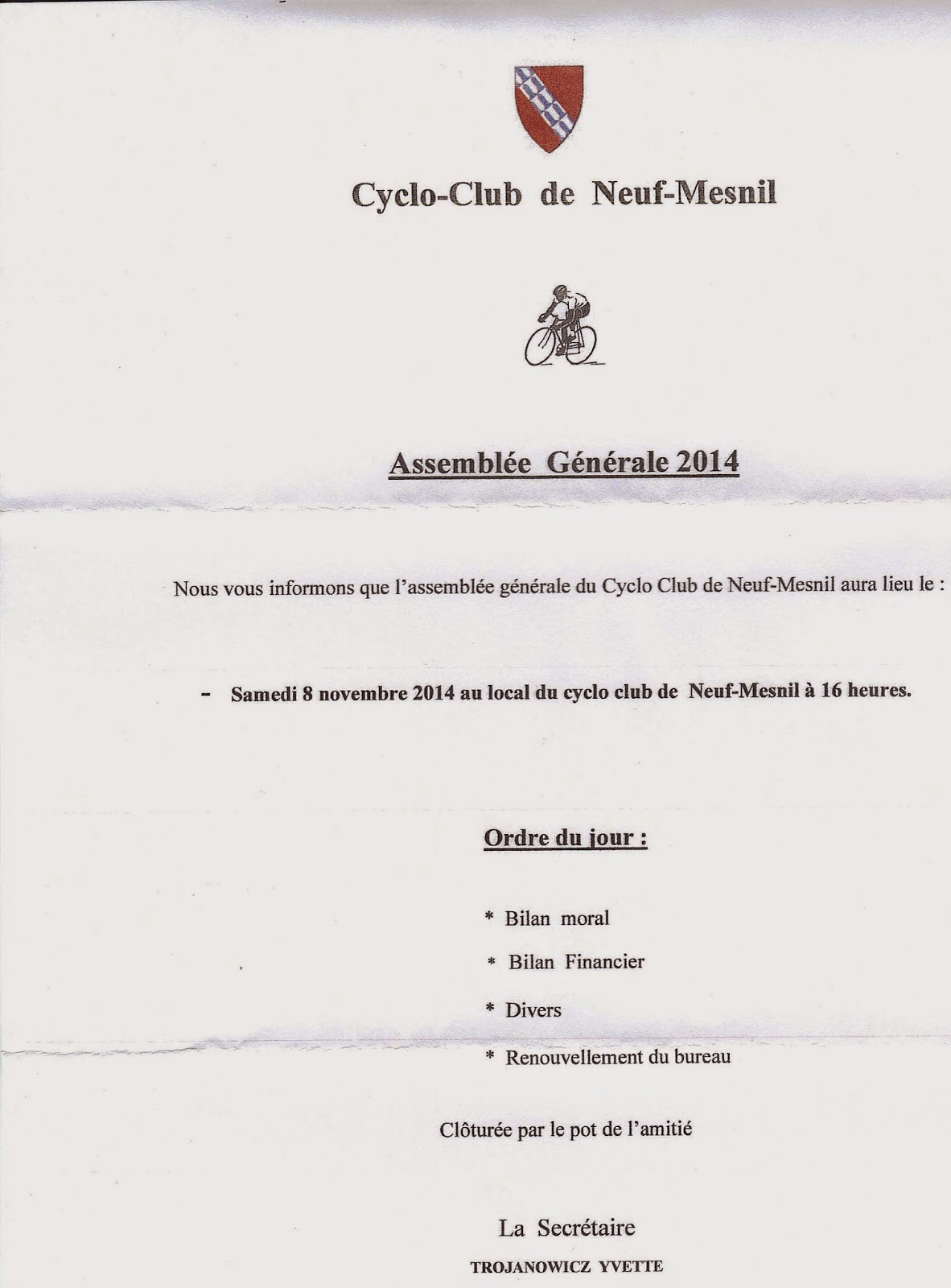 Cyclo Club NEUF-MESNIL: ASSEMBLEE GENERALE