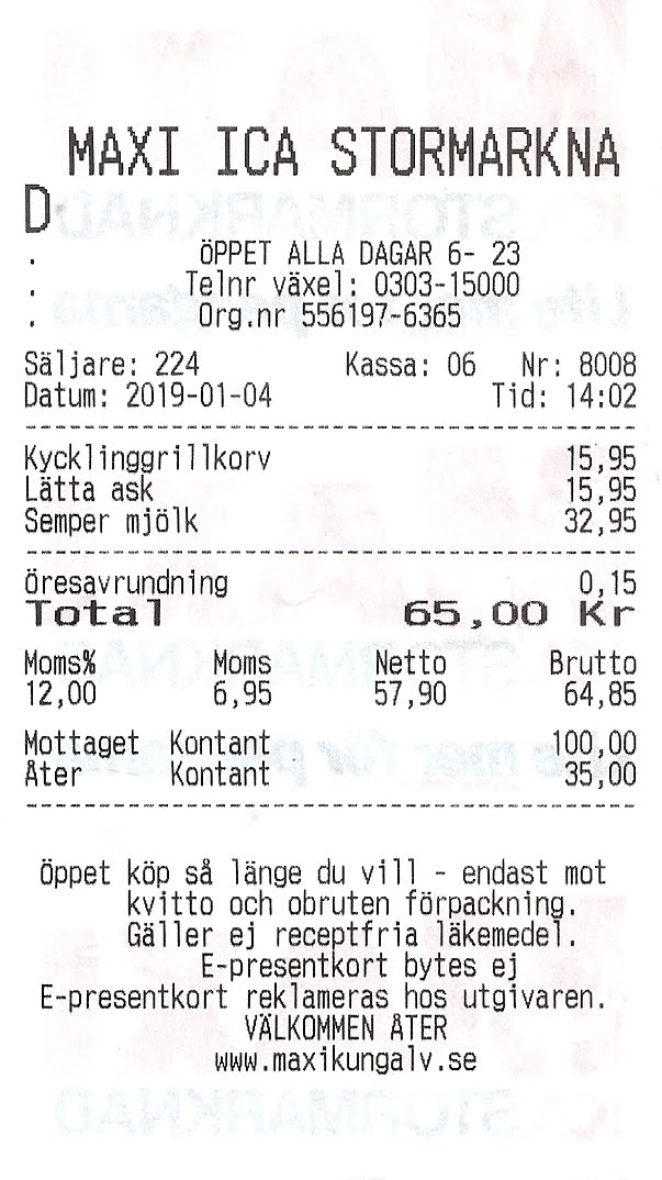 Biketommy: Kvitto från Maxi ICA i Kungälv 2019