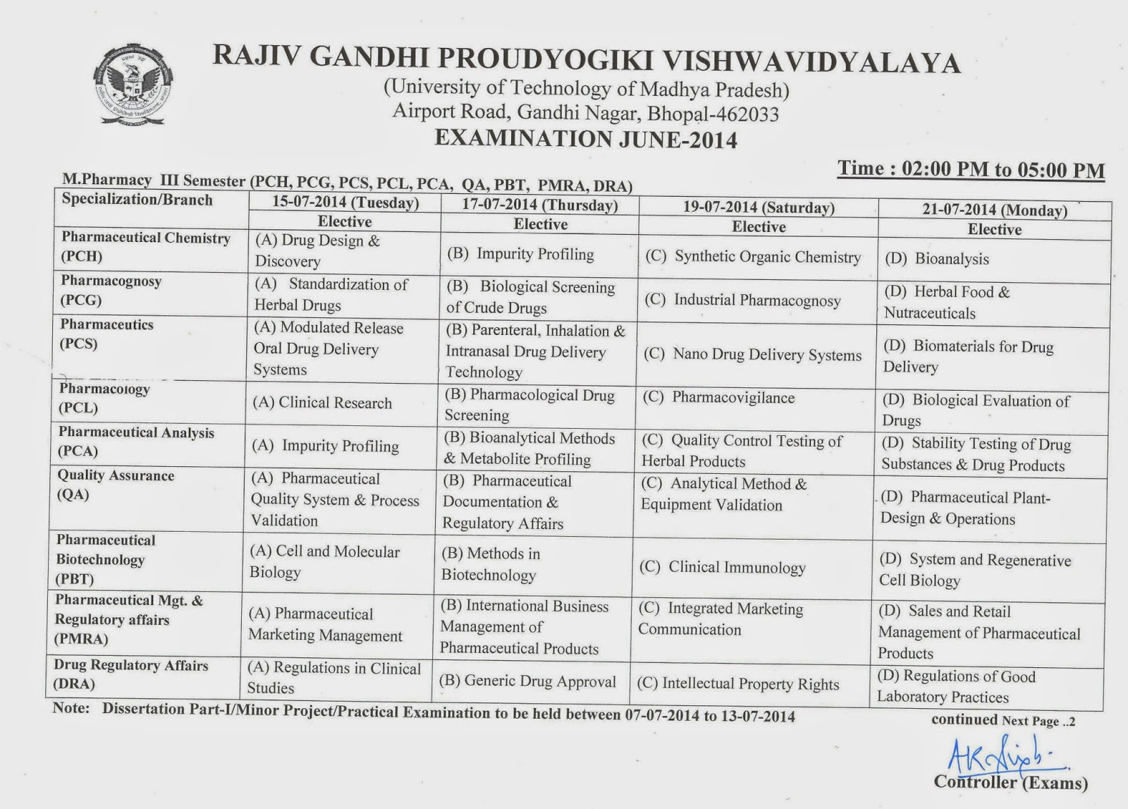 RGPV Examination Time Table: 2014