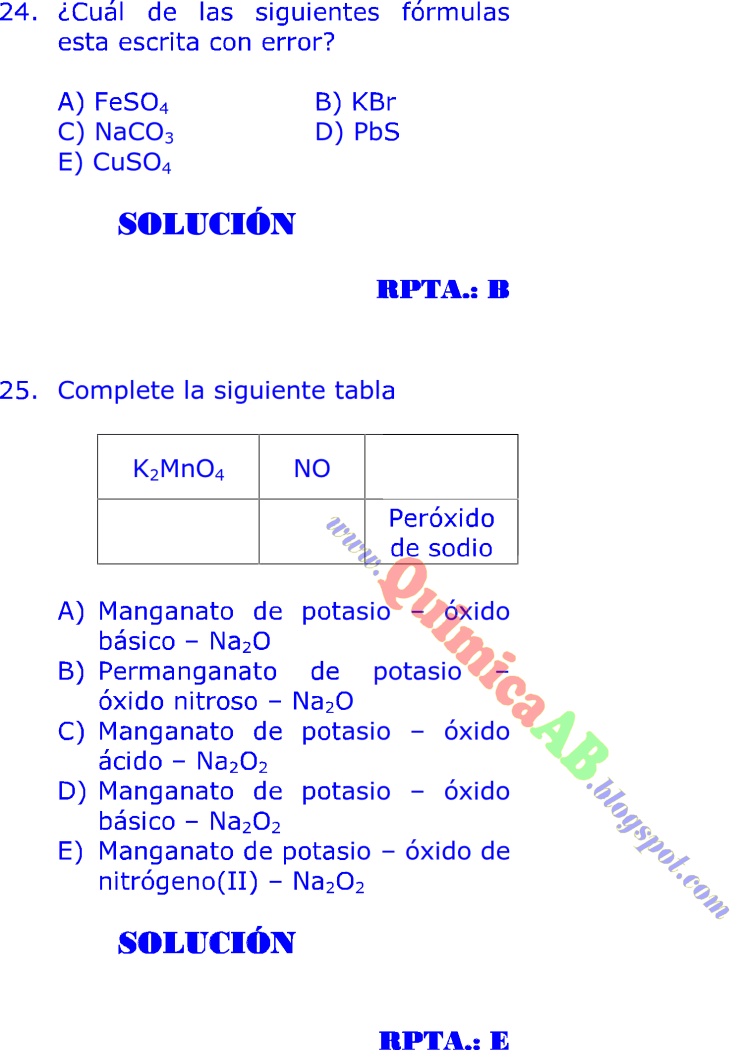 NOMENCLATURA INORGÁNICA PROBLEMAS RESUELTOS TIPO EXAMEN DE INGRESO A LA UNIVERSIDAD ~ QUÍMICA ...