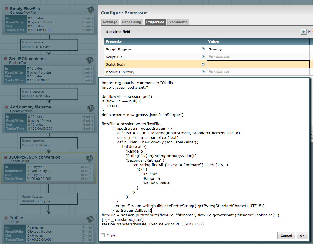 Fun with Apache NiFi: ExecuteScript - JSON-to-JSON conversion Fun with Apache NiFi: ExecuteScript - JSON-to-JSON conversion