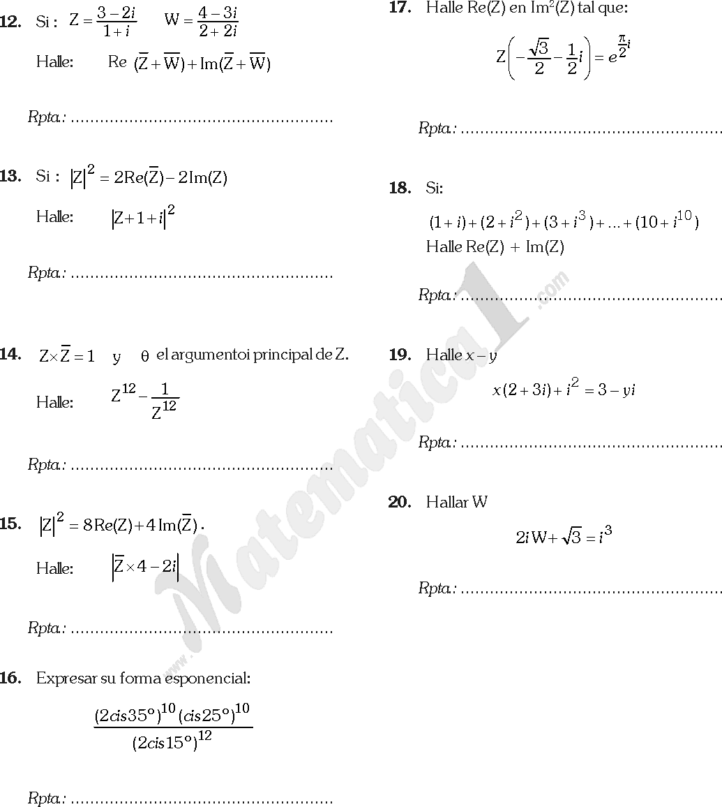 NÚMEROS COMPLEJOS PROBLEMAS RESUELTOS PREUNIVERSITARIOS