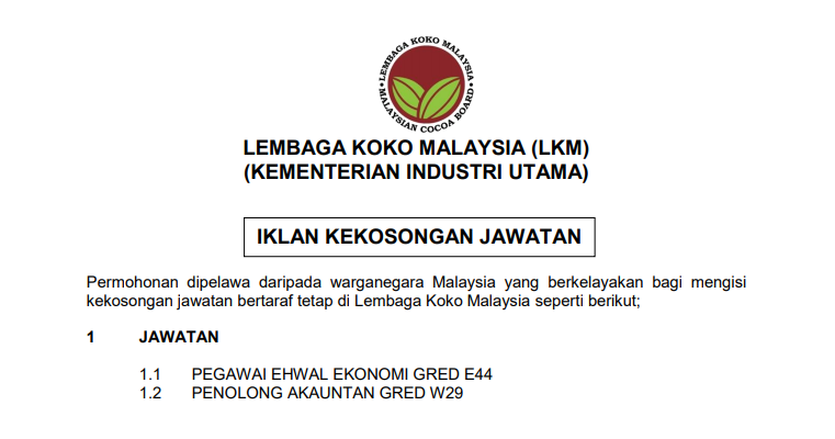 Jawatan Kosong di Lembaga Koko Malaysia - JOBCARI.COM | JAWATAN KOSONG TERKINI