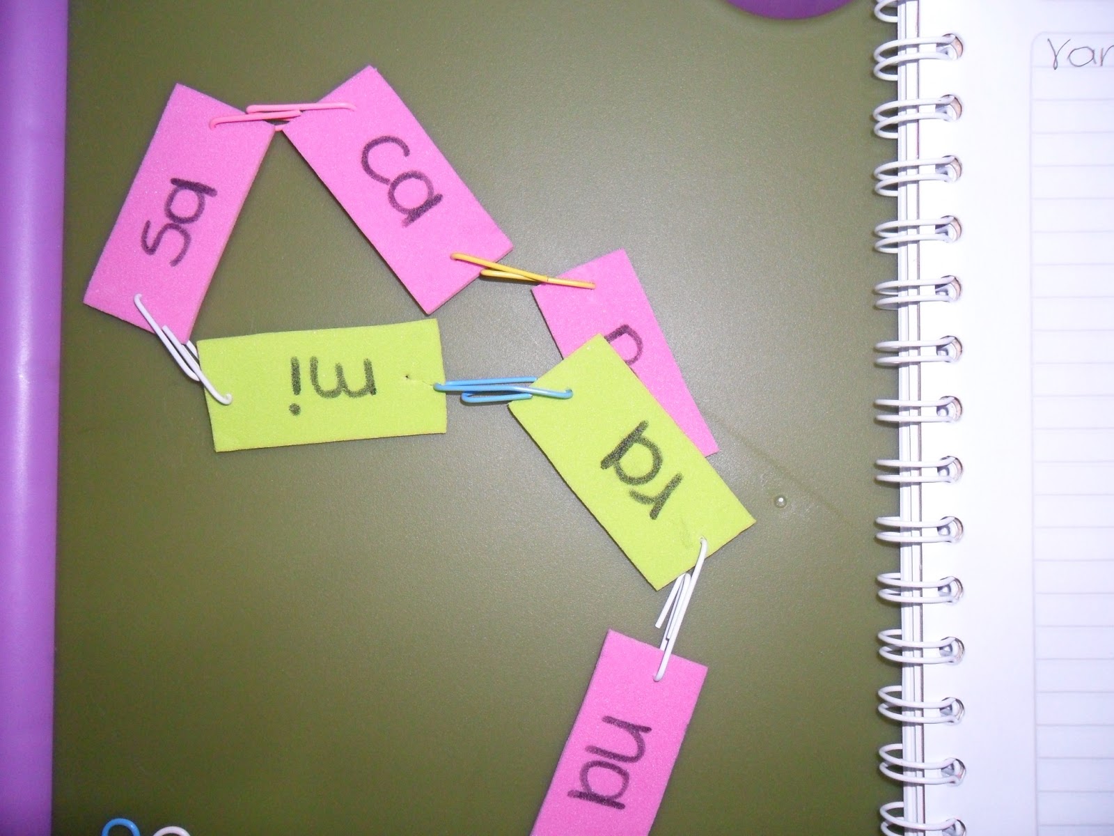 Material pedagógico hecho en casa: Unir silabas con clips