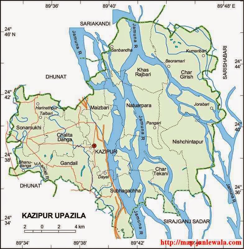 Kazipur Upazila Map, Sirajganj District, Bangladesh