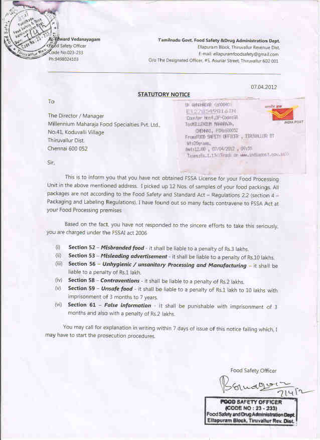 FOOD SAFETY LATEST: FSO STATUTORY NOTICE TO FBO