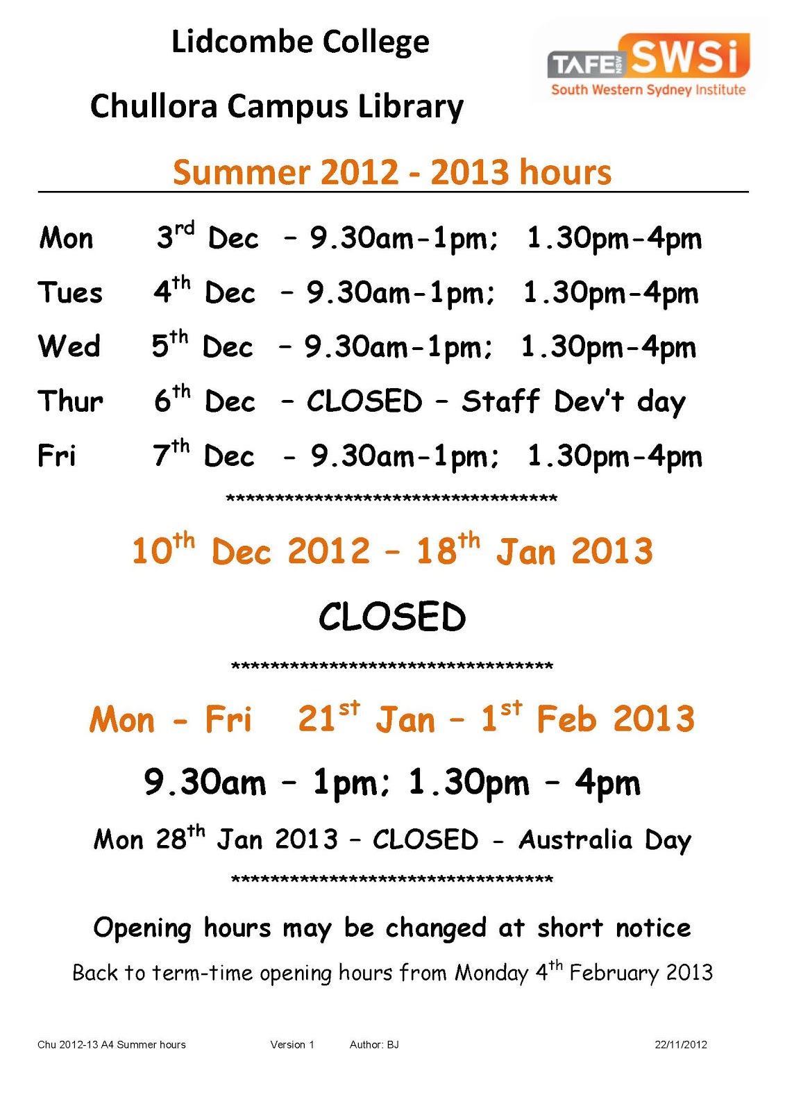 LIDCOMBE COLLEGE TAFE LIBRARY: 2012