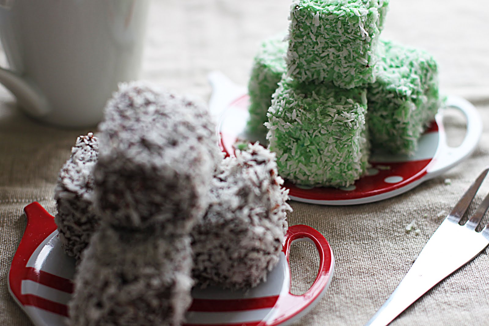 Chocolate and Pandan Lamington - sponge cake covered in chocolate and ...