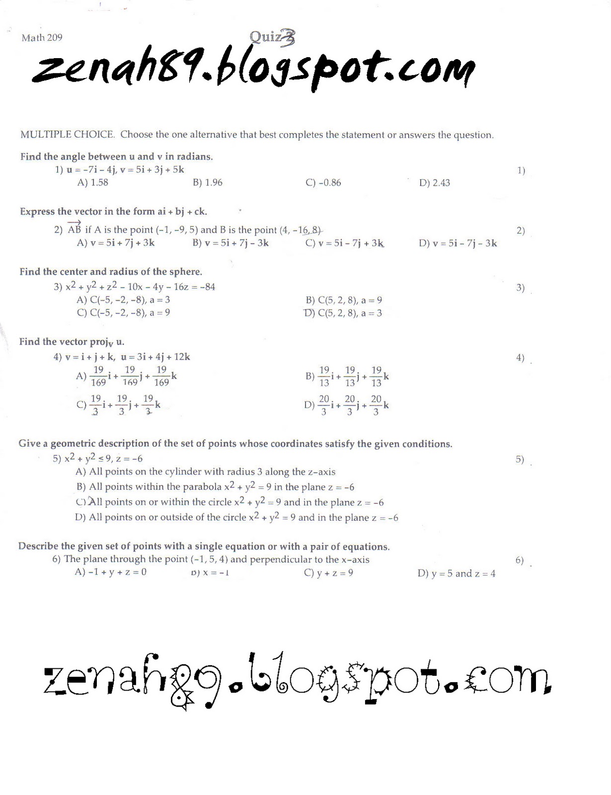 teCh-89: MATH 209 QUIZZES, Calculus III