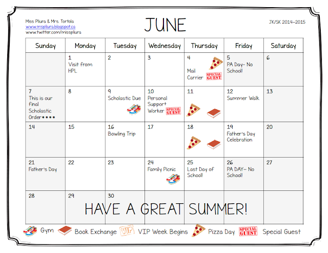 Miss Pliura's Kindergarten Class: Announcements: June Calendar