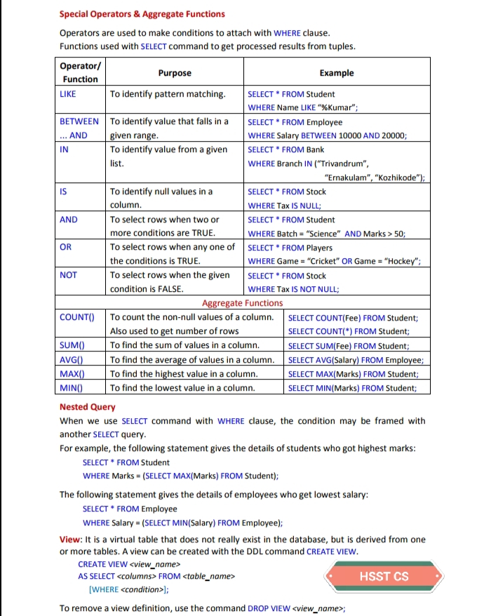 PSC HSST COMPUTER SCIENCE: PSC HSST CS SQL NOTES PSC HSST COMPUTER SCIENCE: PSC HSST CS SQL NOTES