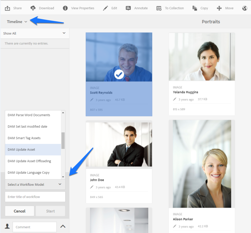 Experiencing Adobe Experience Manager Aem Cq Aem 62 Add Start Workflow Select To Assets