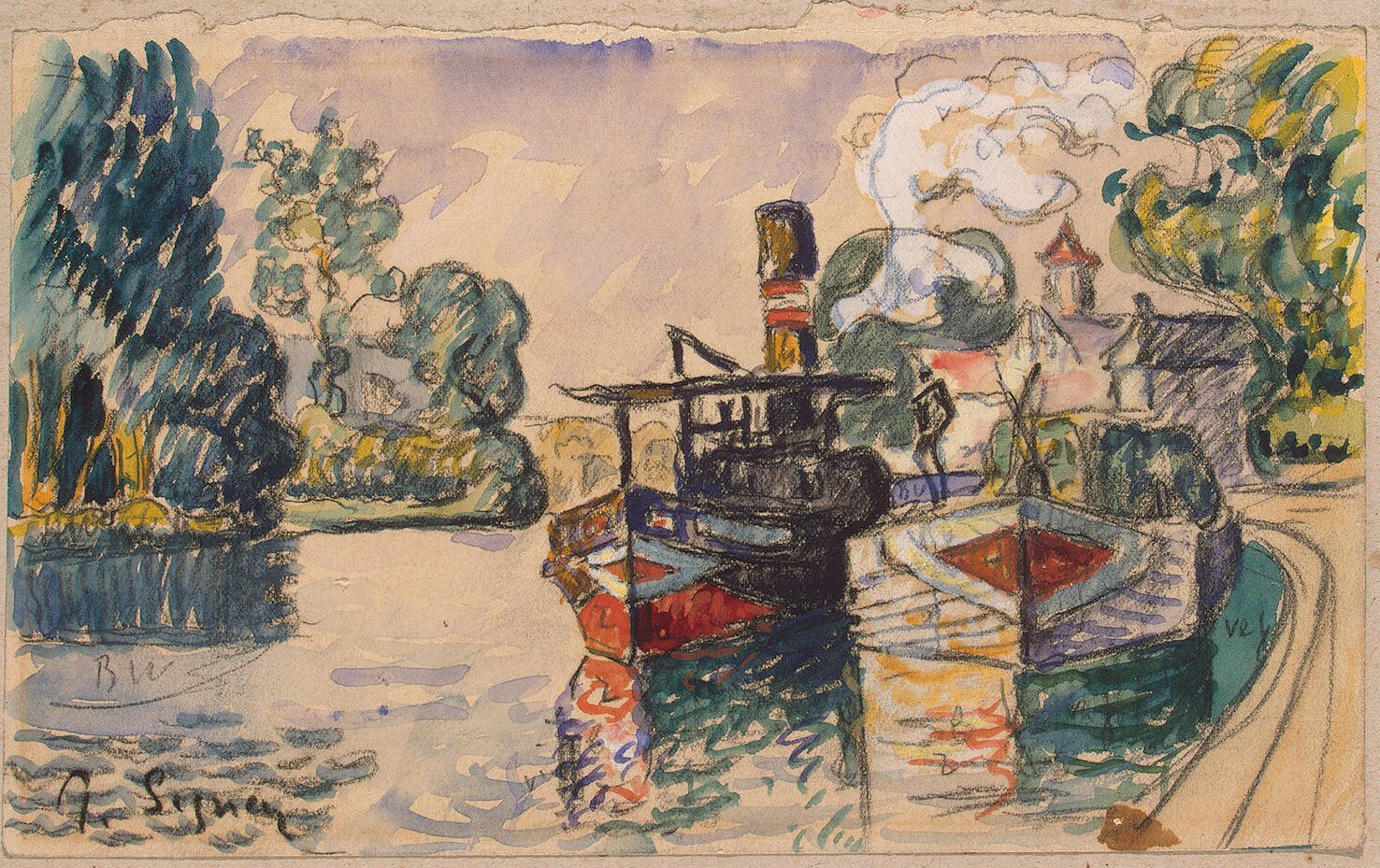 Tugboat and Barge in Samois - Paul Signac | Endless Paintings