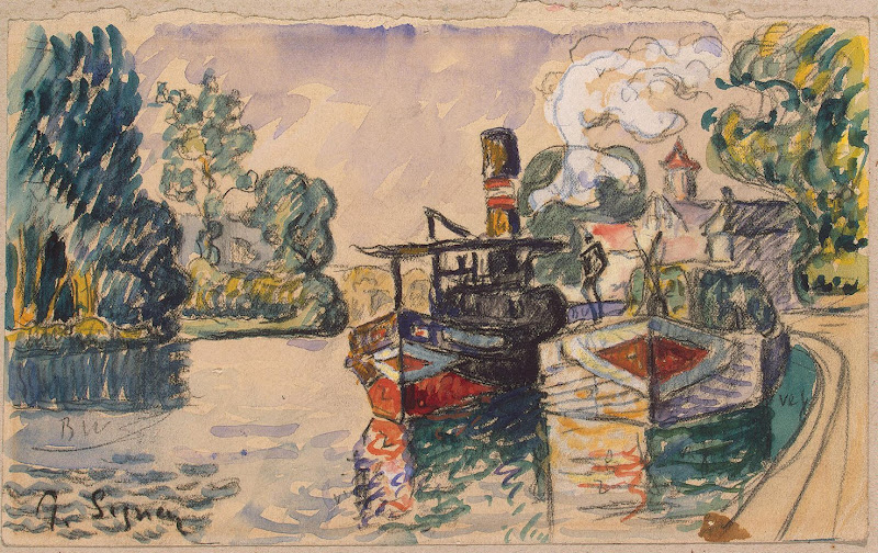 Tugboat and Barge in Samois - Paul Signac | Endless Paintings