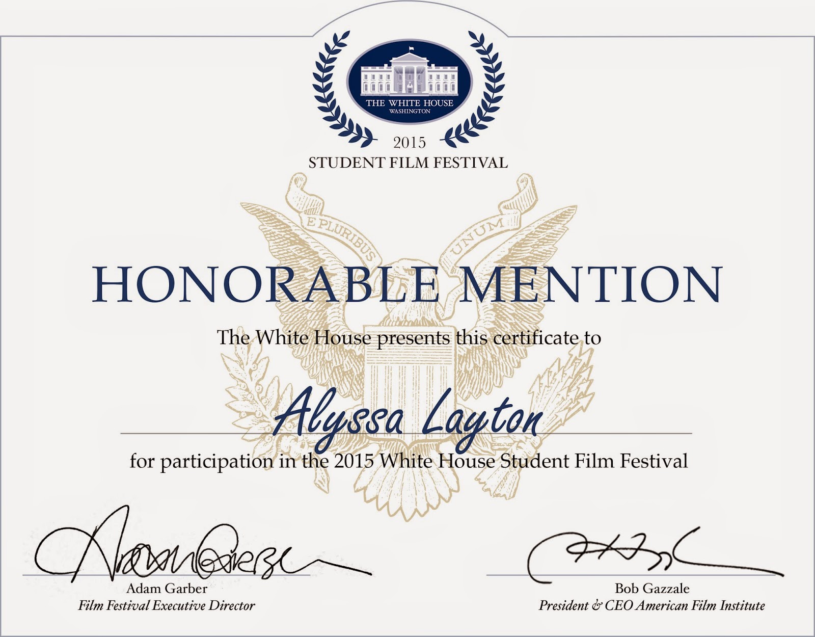 Layton Receives Honorable Mention for White House Film Fesival ...