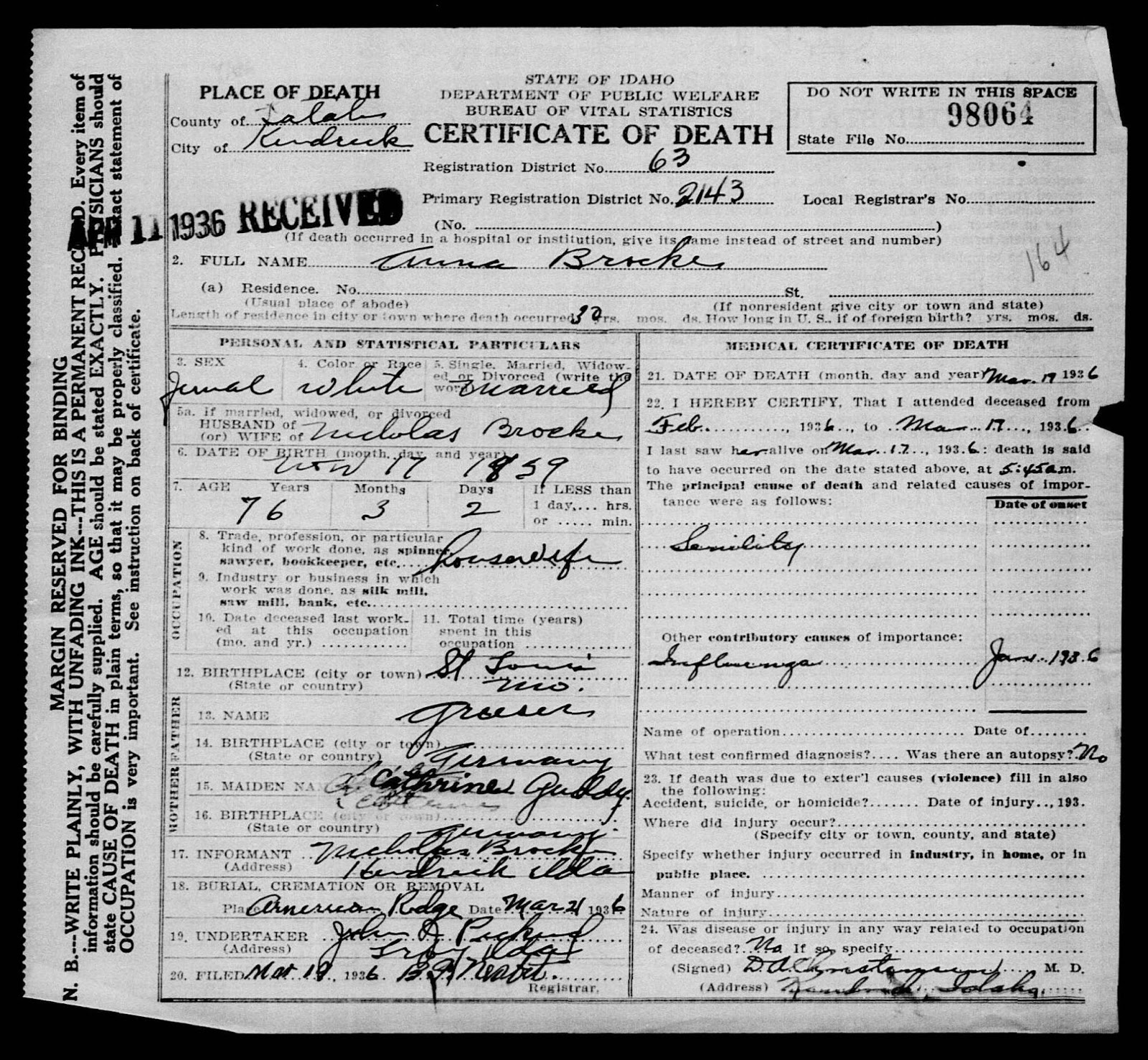 Genea-Musings: Treasure Chest Tuesday - 1936 Death Record for Anna ...