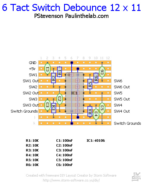 Paul In The Lab: 6 Tact Switch Debounce Veroboard Stripboard Layout