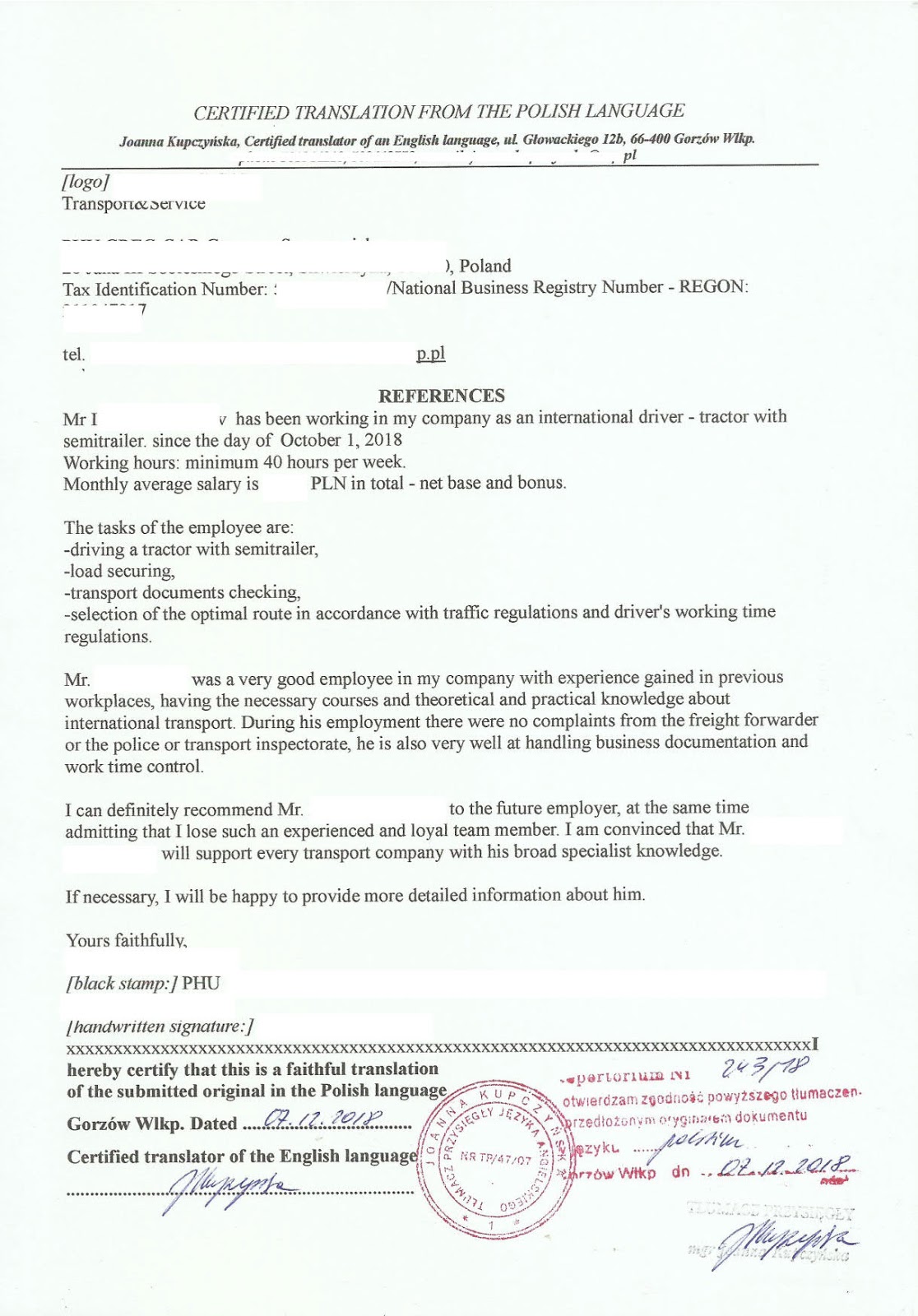 Trucking_EU: Reference Letter for Truck Driver