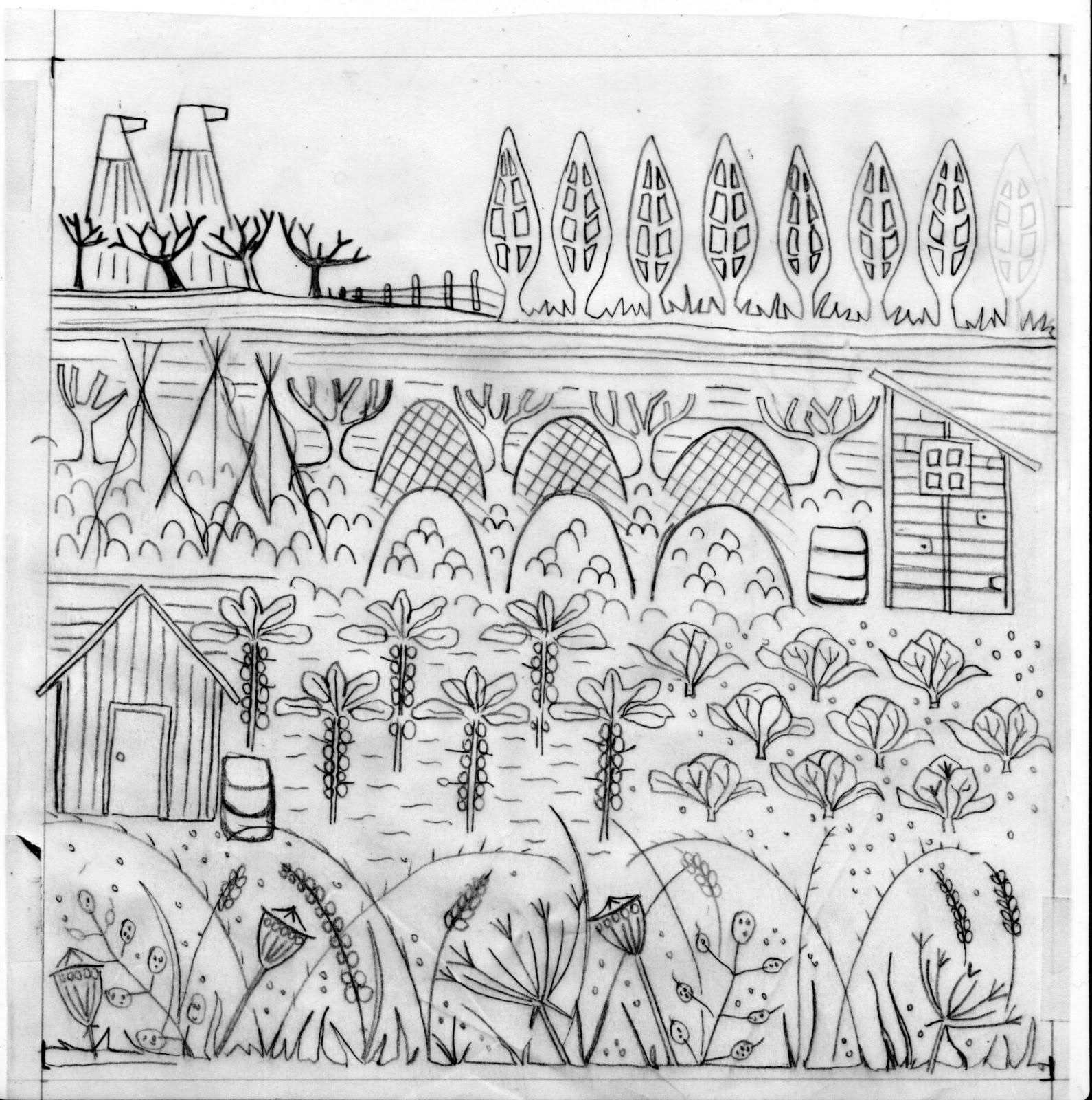 handprinted by a.deegan: Down the allotment - sketch to print