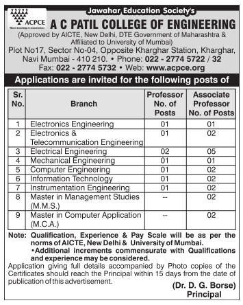 A. C. Patil College of Engineering, Kahrghar, Wanted Teaching Faculty ...