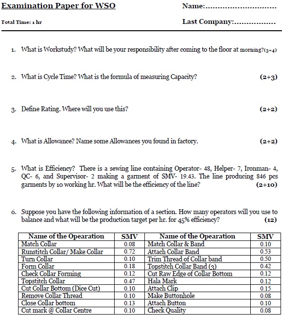 Interview Question For Work Study Officer / IE Officer - Textile Study365