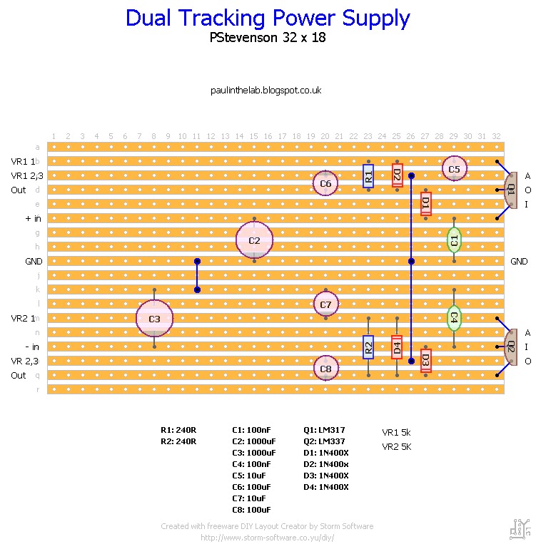 Paul In The Lab: Dual Tracking Power Supply Stripboard Veroboard Layout