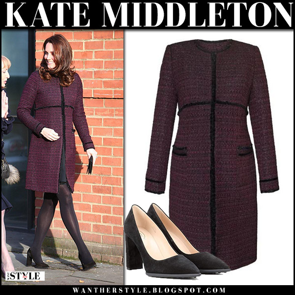 Kate Middleton in burgundy tweed coat and black pumps on December 12 ...
